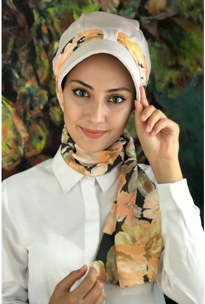 Butik Ambar Krem Rengi Tek Biritli Fularlı Şapka