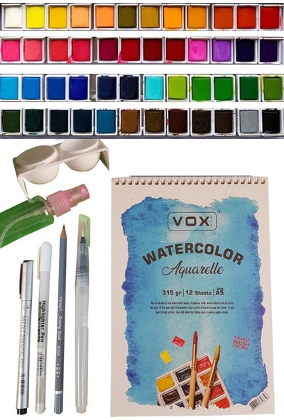 Vox Art Sulu Boya Seti 48'li Yarım Tablet, Defterli 8 Parça Vox Art Sulu Boya Seti 48'li Yarım Tablet, Defterli 8 Parça