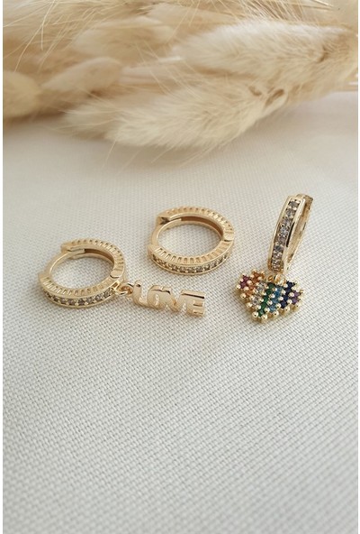 Lilya Accessory Renkli Zirkon Taşlı Love Çoklu Küpe