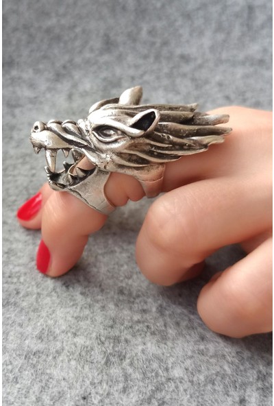 Fildişi Aksesuar Antik Gümüş Kaplama Ağzı Hareketli Kurt Şekilli Ayarlanabilir Yüzük