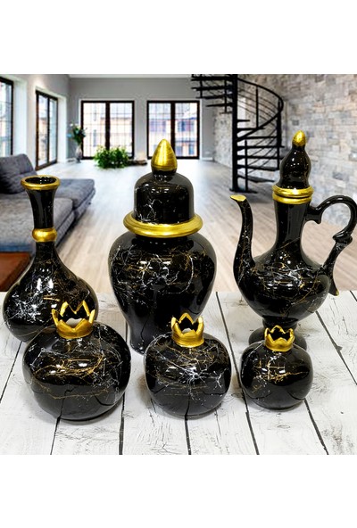 Otogar Çini Seramik 6 Parça Salon Seti- Siyah Renk-Mermer Dekorlu-Gold Yaldızlı Otogar Çini Seramik 6 Parça Salon Seti- Siyah Renk-Mermer Dekorlu-Gold Yaldızlı