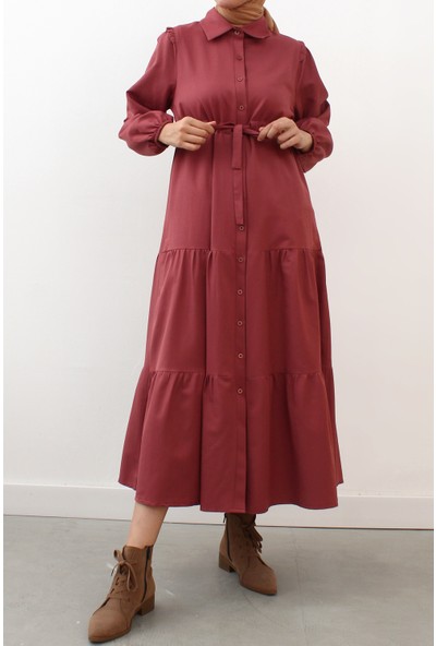 Yarece Gömlek Yaka Kuşak Detaylı Fırfırlı Elbise