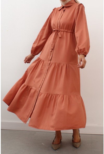 Yarece Gömlek Yaka Kuşak Detaylı Fırfırlı Elbise