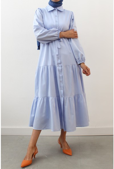 Yarece Gömlek Yaka Kuşak Detaylı Fırfırlı Elbise