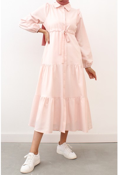 Yarece Gömlek Yaka Kuşak Detaylı Fırfırlı Elbise