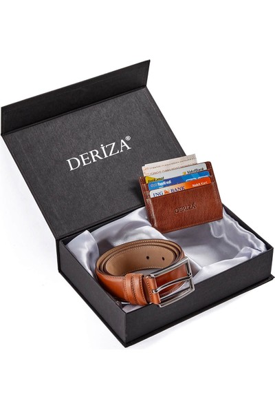Deriza Hakiki Deri Kartlık Kemer Seti Taba