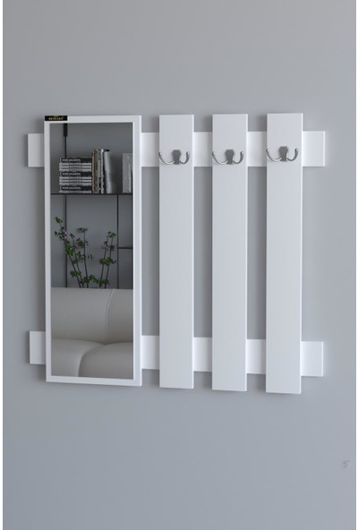 Remaks Hook Aynalı Vestiyer Portmanto ve Duvar Askısı - Beyaz