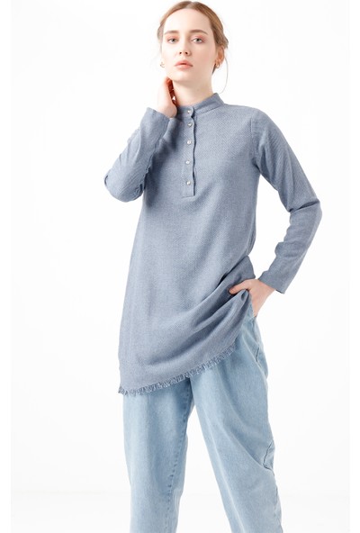 Yoncaekspres Büyük Beden Yarım Patlı Dokuma Tunik 3220B Indigo