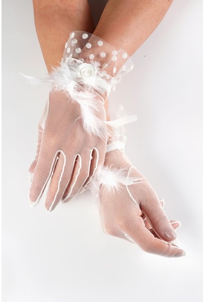 Hobigram Beyaz Tüylü Puantiyeli Gelin Eldiveni
