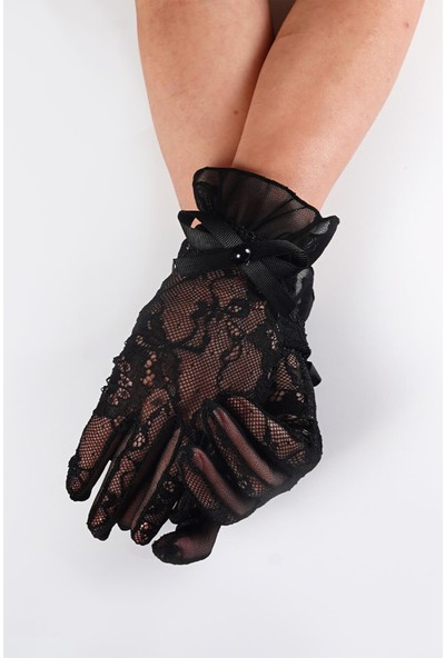 Hobigram Siyah Dantel ve Fiyonklu Gelin Eldiveni