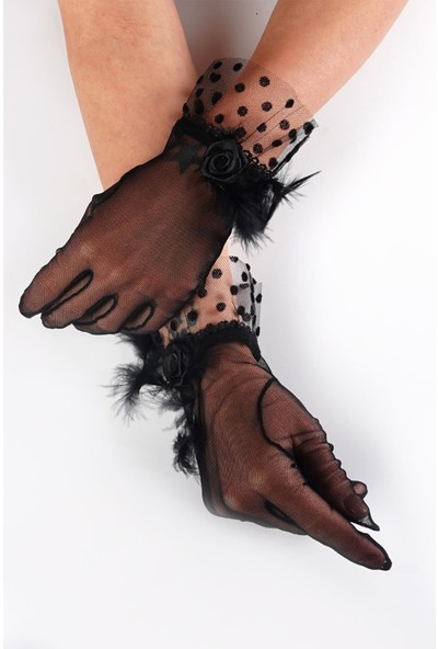 Hobigram Siyah Tüylü Puantiyeli Gelin Eldiveni