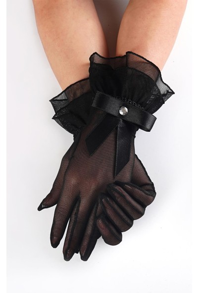 Hobigram Siyah Sade Fiyonklu Taşlı Gelin Eldiveni