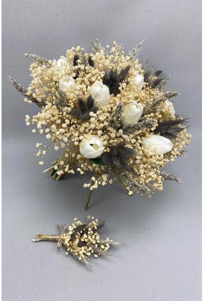 Hobigram Beyaz Islak Laleli Gelin Buketi ve Damat Yaka Çiçeği Seti