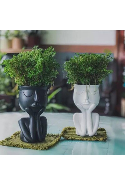 İsem Eli Yüzünde Beton Saksı-Siyah-Beyaz 2\\\'li