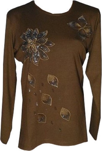 Kehila Nakışlı Zımpara Taşlı Hardal Likralı Penye Bluz