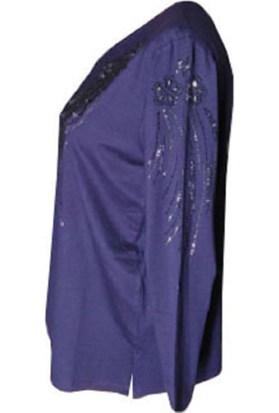 Kehila Sol Kolu ve Önü Nakışlı Zımpara Taşlı Mürdüm Likralı Penye Bluz