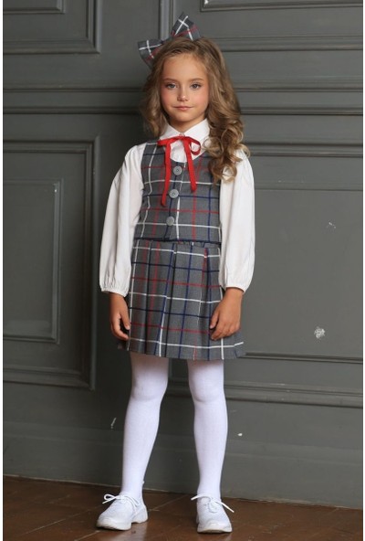 Riccotarz Kız Çocuk Yaka Kurdale Bağlamalı Yelekli Kırmızı Etekli Takım