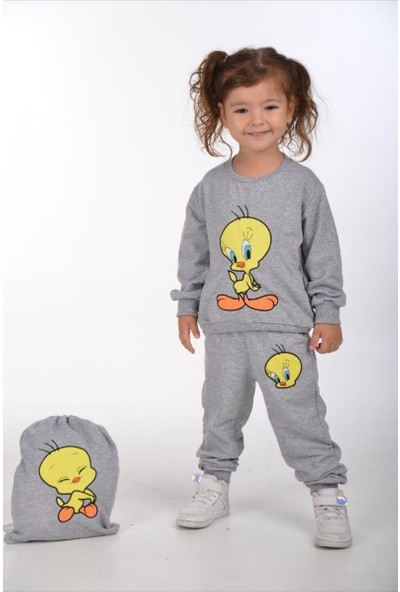 Riccotarz Çocuk Tweety Nakışlı Çantalı Gri Eşofman Takım