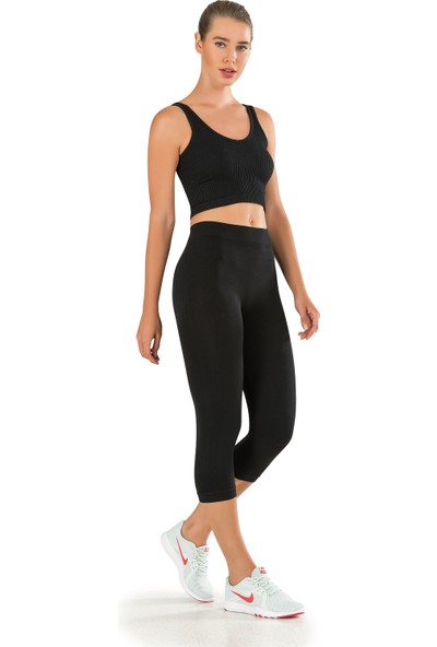 Proslim Kadın Siyah Diz Altı Kapri Tayt Toparlayıcı Sporcu Seamles Dikişsiz Örme Ipeksi