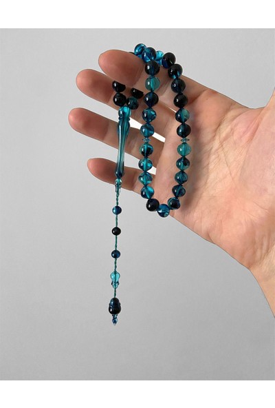 Toz Kehribar Tesbih Küre Kesim Sistemli Mavi Hareli