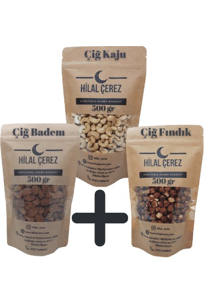 Hilal Çerez 3'lü Paket Çiğ Kuryemiş (Kaju,badem,fındık) 1500 gr