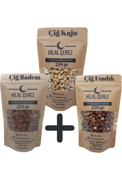 Hilal Çerez 3'lü Paket Çiğ Kuryemiş (Kaju,badem,fındık) 750 gr