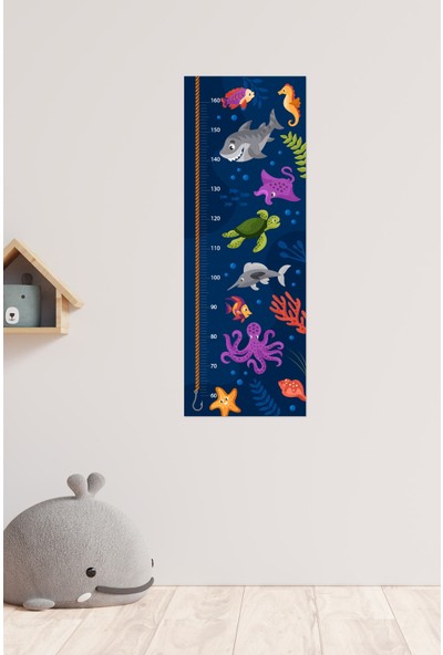 Çok İndirimli Deniz Hayvanları Temalı Çocuk Odası Boy Ölçer Duvar Sticker 120 x 45 cm