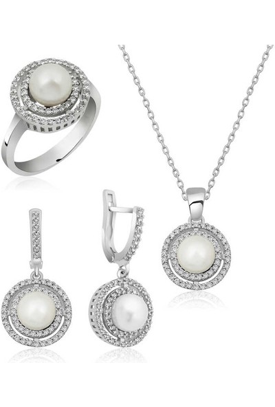 Skygo Gümüş Incili Yuvarlak Bayan Set