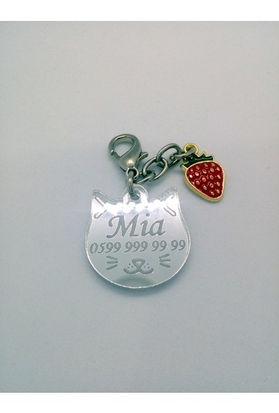 Sempati Store Kedi İsimlik Kedi İsim Künyesi (Çilek Figürü+Gümüş Kedi)