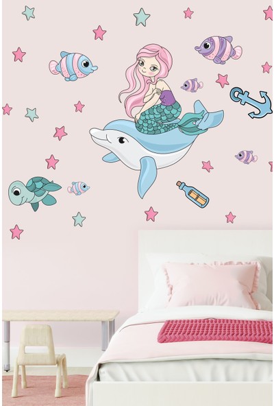 cokindirimli Deniz Kızı ve Balıklar Temalı Çocuk Odası Banyo Duvar Sticker