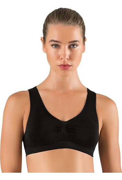 Proslim Kadın Siyah Sporcu Büstiyer (Kapsız) Örme Dikişsiz Toparlayıcı Sırt Çapraz Detaylı