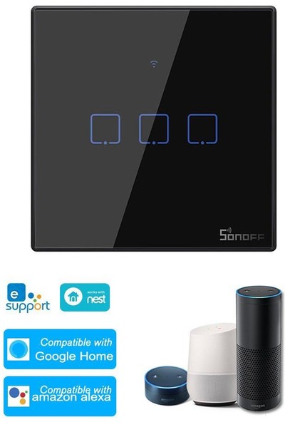 Sonoff T3EU3C-TX Wifi Dokunmatik Akıllı Anahtar | Alexa , Google , Nest , Echo , Echo Dot , Tap | Siyah , Duvar Tipi | 3 Gang | Uzaktan Kumanda Edilebilir Sonoff T3EU3C-TX Wifi Dokunmatik Akıllı Anahtar | Alexa , Google , Nest , Echo , Echo Dot , Tap | Siyah , Duvar Tipi | 3 Gang | Uzaktan Kumanda Edilebilir
