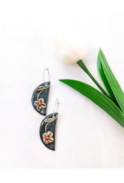 Pukk Butik Küpe Çiçek Kabartmalı Polimer Kil El Yapımı