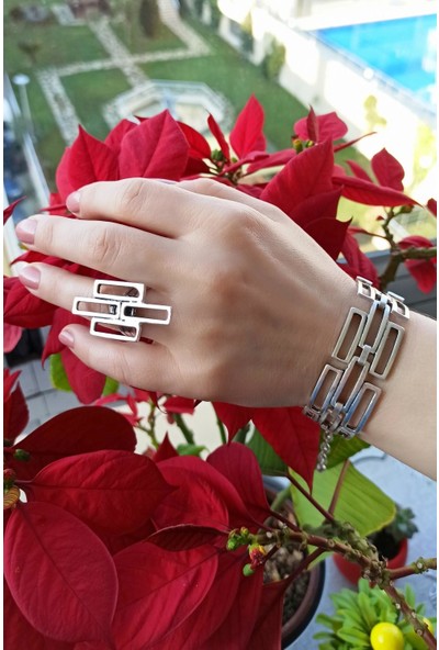 Fildişi Aksesuar Antik Gümüş Kaplama Dikdörtgenler Şekilli El Yapımı Ayarlanabilir Yüzük ve Bileklik Seti Fildişi Aksesuar Antik Gümüş Kaplama Dikdörtgenler Şekilli El Yapımı Ayarlanabilir Yüzük ve Bileklik Seti