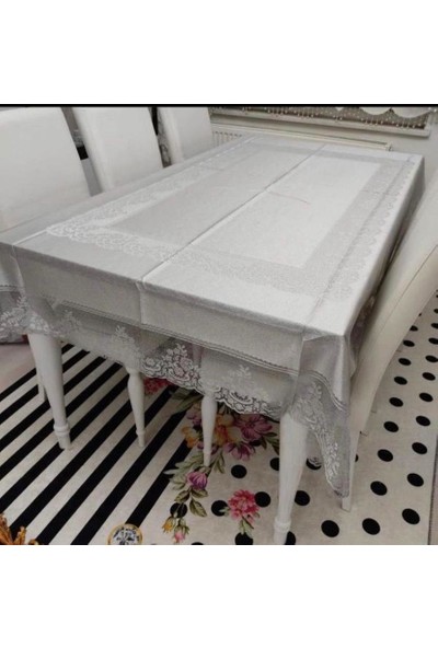 Sosyete Dükkanı Gümüş Renk Dertsiz Dantelli Masa Örtüsü 160 x 220 cm.