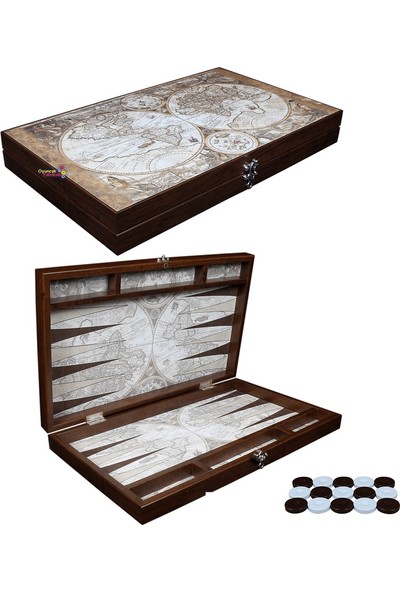 Miajima Deri Tavla Takımı Antik Harita Desen Büyük Boy + Ahşap Pul Hediyeli