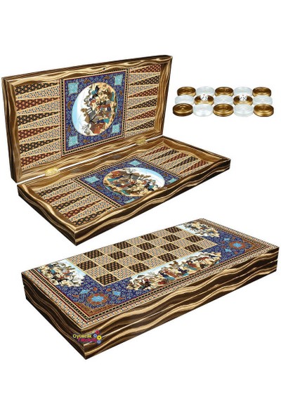 Miajima Eski Çağ Desenli Tavla Takımı Büyük Boy +Ahşap Pul Hediyeli