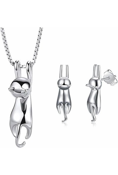 Mimozaavm 925 Ayar Gümüş Kedi Model Kadın Kolye ve Küpe Seti Mimozaavm 925 Ayar Gümüş Kedi Model Kadın Kolye ve Küpe Seti