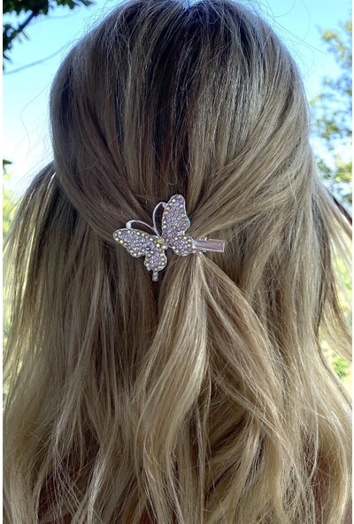 Takıştır Gümüş Renk Kelebek Figürlü Taşlı Yan Toka