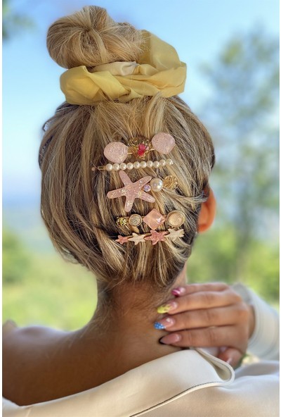 Takıştır Pembe Renk Deniz Kabuğu Figürlü Yan Toka Set