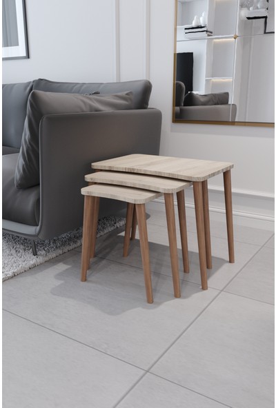 Zuesse Dizayn Zigon Sehpa & Yan Sehpa 3'lü Ahşap Ayaklı Sehpa - Sonomo