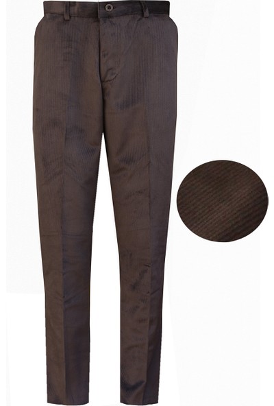 Varetta Erkek Kahverengi Kadife Ince Fitilli Klasik Kesim Cepli Pantolon