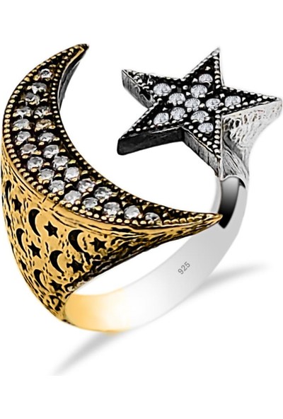 Aykat Ay Yıldızlı Bayan Yüzük Otantik Gümüş Türkiye Bayraklı Kadın Yüzük YZK-242