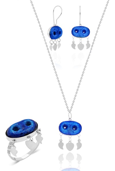 Aykat Süryani Nazar Gözü Boncuğu Gümüş Üçlü Takım Yüzük Küpe Kolye Midyat Boncuklu Nazarlık SET-291