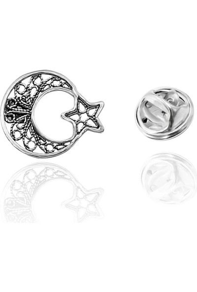 Aykat Ay Yıldız Rozet Gümüş Telkari Broş Yaka Rozeti Bayrak Trz-11