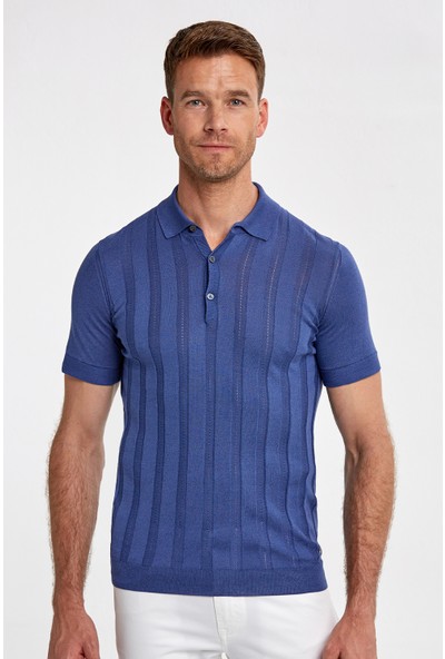 Hemington Ipek Karışımlı Çizgili Indigo Triko Polo