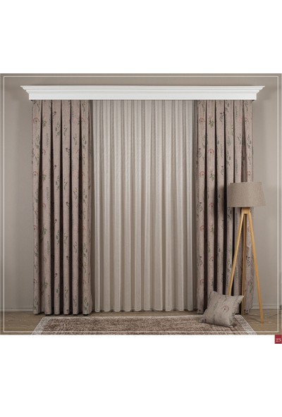 Brillant Country Collection 1/2,50 Pile Natural Keten Çiçek Desenli Fon Perde