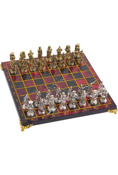 Elifeshop Esos2 Lüks Metal Döküm Satranç Takımı Osmanlı Ordusu & Özel Ayaklı Alev Kırmızı Mermer Desenli Tahta