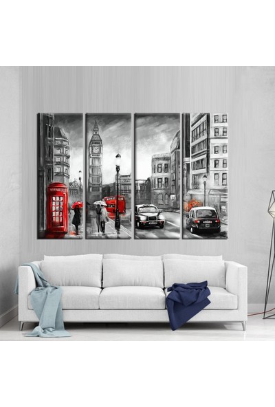 Nefes Dört Parça Pastel Boya Görünümlü Saat Kulesi Mdf Dekoratif Tablo Nefes