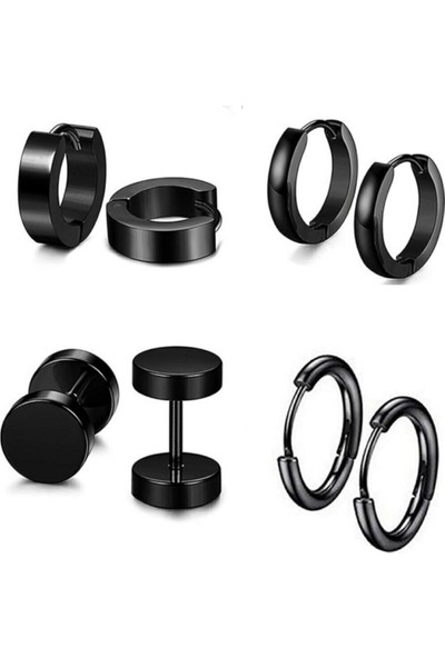 Takıconcept 4'lü Titanyum Çelik Küpe Seti Siyah